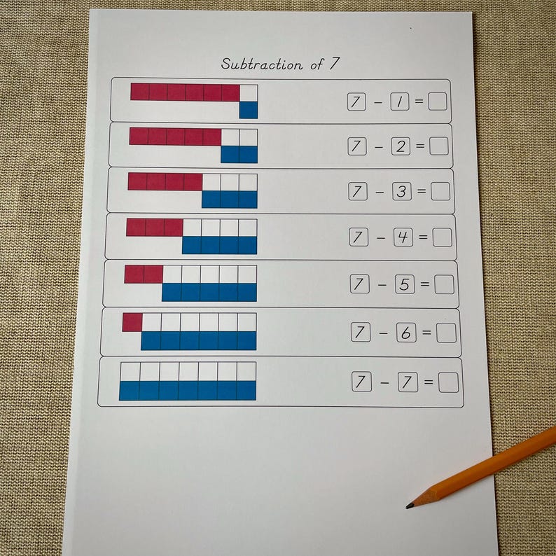 Montessori Subtraction to 10 Worksheets. Montessori Subtraction Strip ...