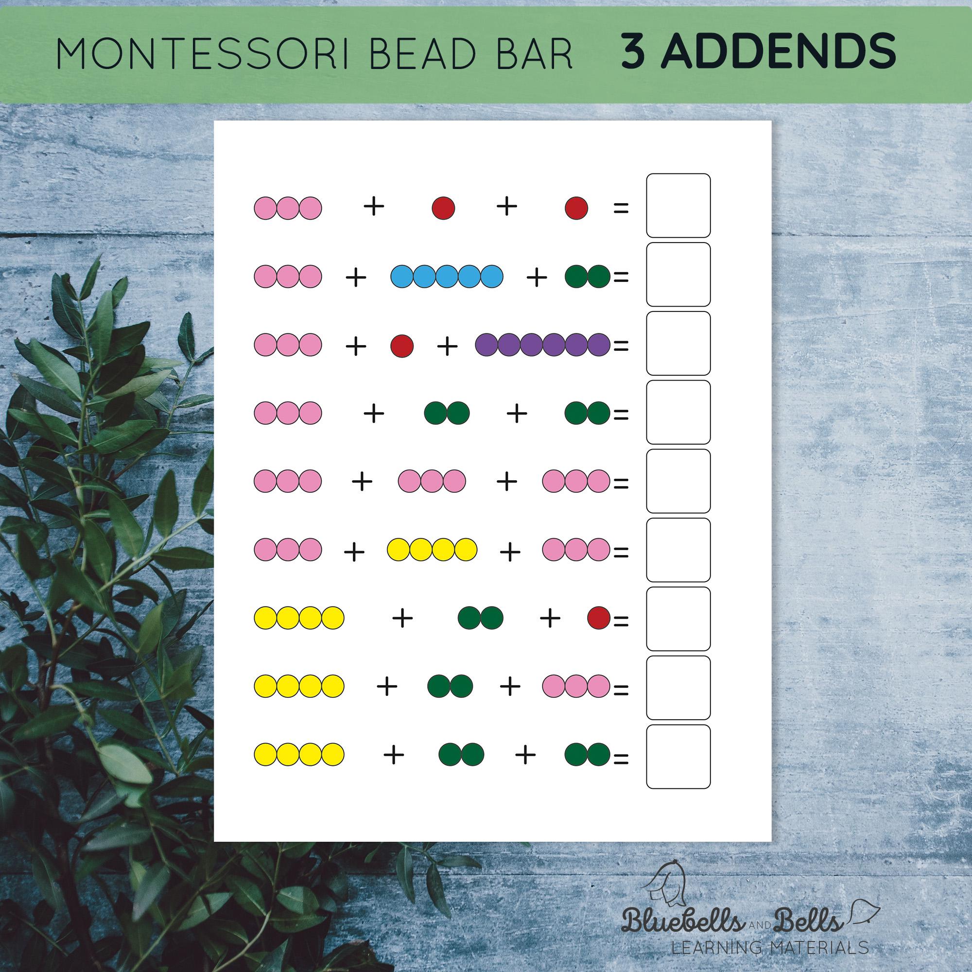 Montessori Bead Bars Addition Worksheets 3 Addends. Montessori ...