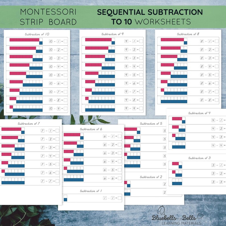 Montessori Subtraction to 10 Worksheets. Montessori Subtraction Strip ...