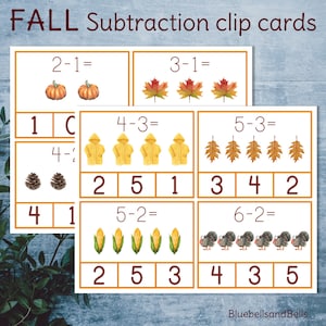 Fall Montessori Printable Subtraction Clip Cards 0-10. Preschool and ...