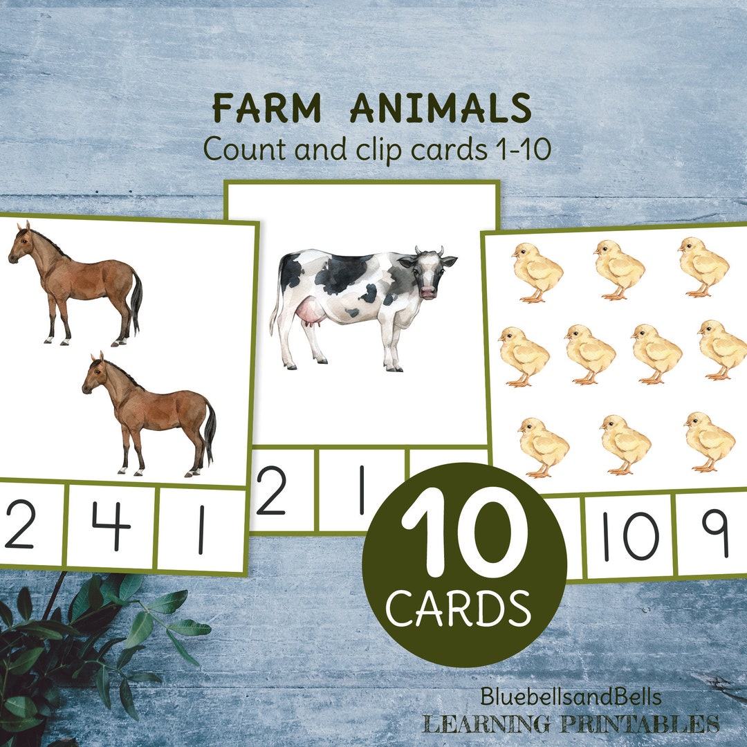 Farm Animals Count and Clip Cards 1-10. Farm Animals Counting Preschool ...