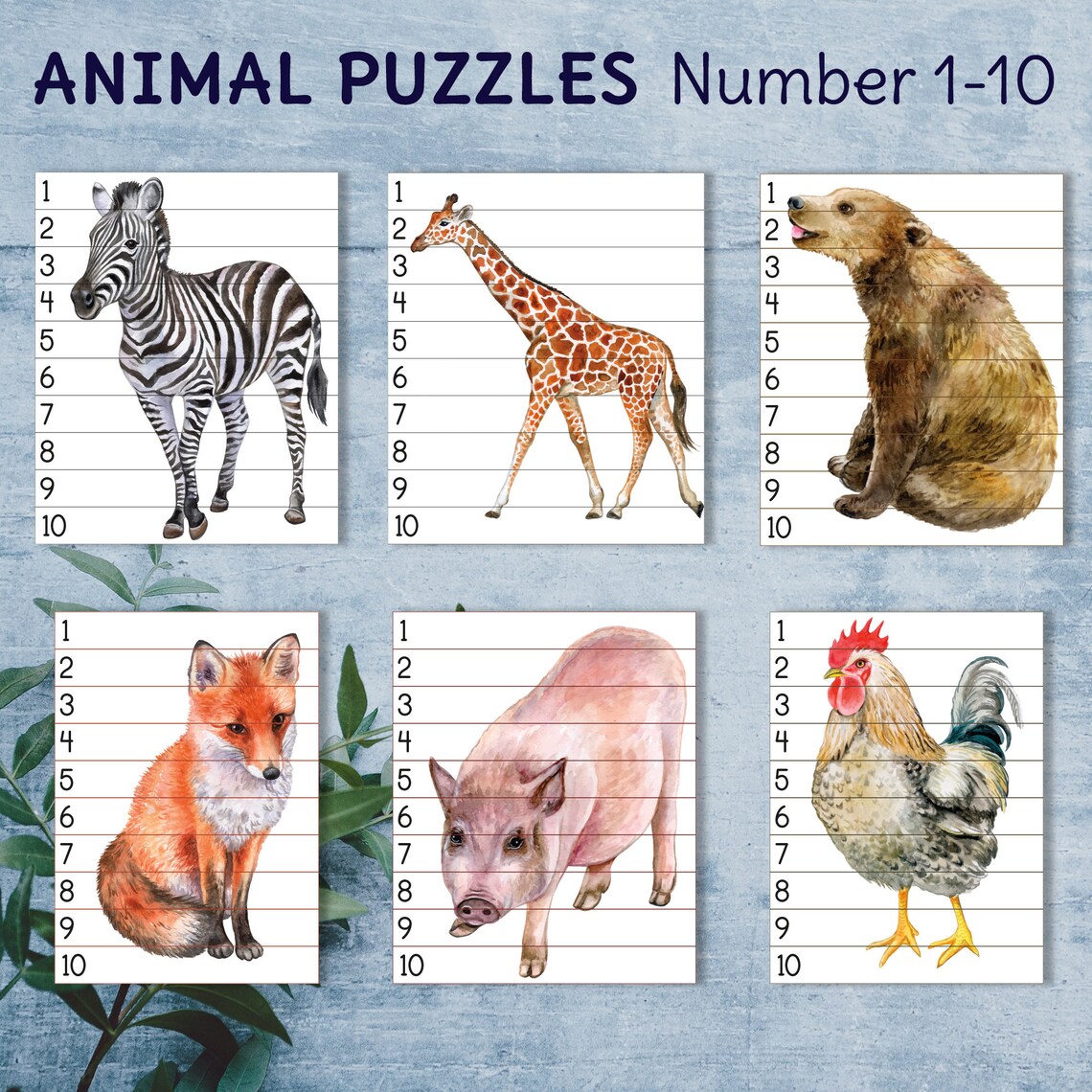 Animal Puzzles 1-10 Number Sequence. Kids Printable Counting - Etsy