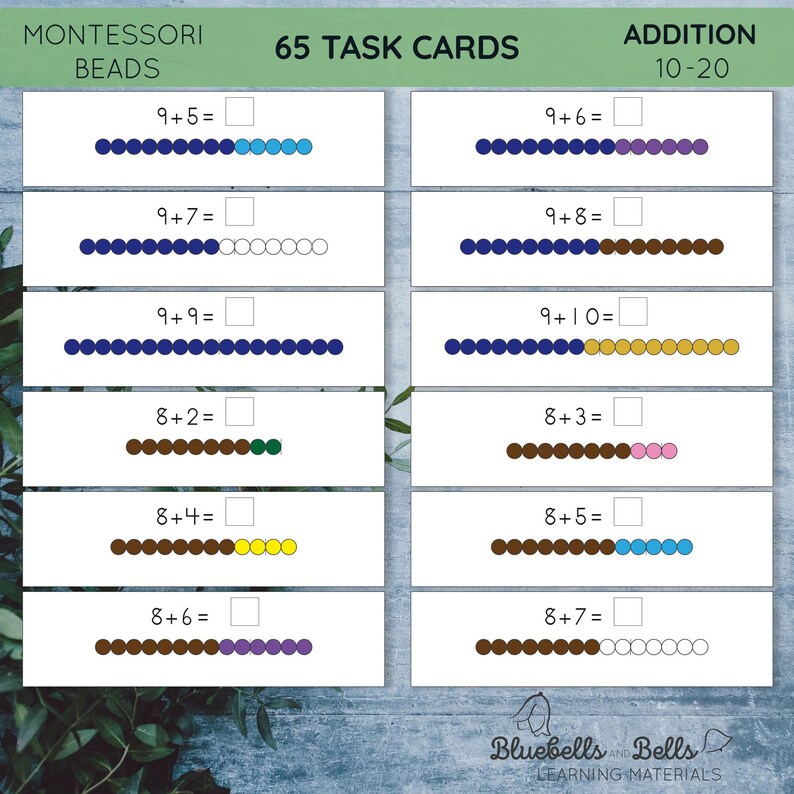 Montessori Beads Addition 10 -20. Addition With Carry Printable Cards ...