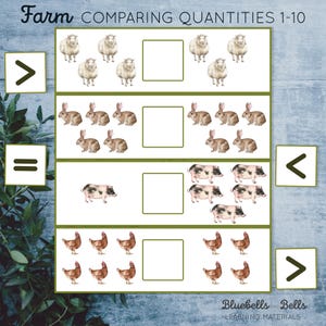 Farm Preschool Printable Comparing Numbers Cards. More Than, Less Than ...