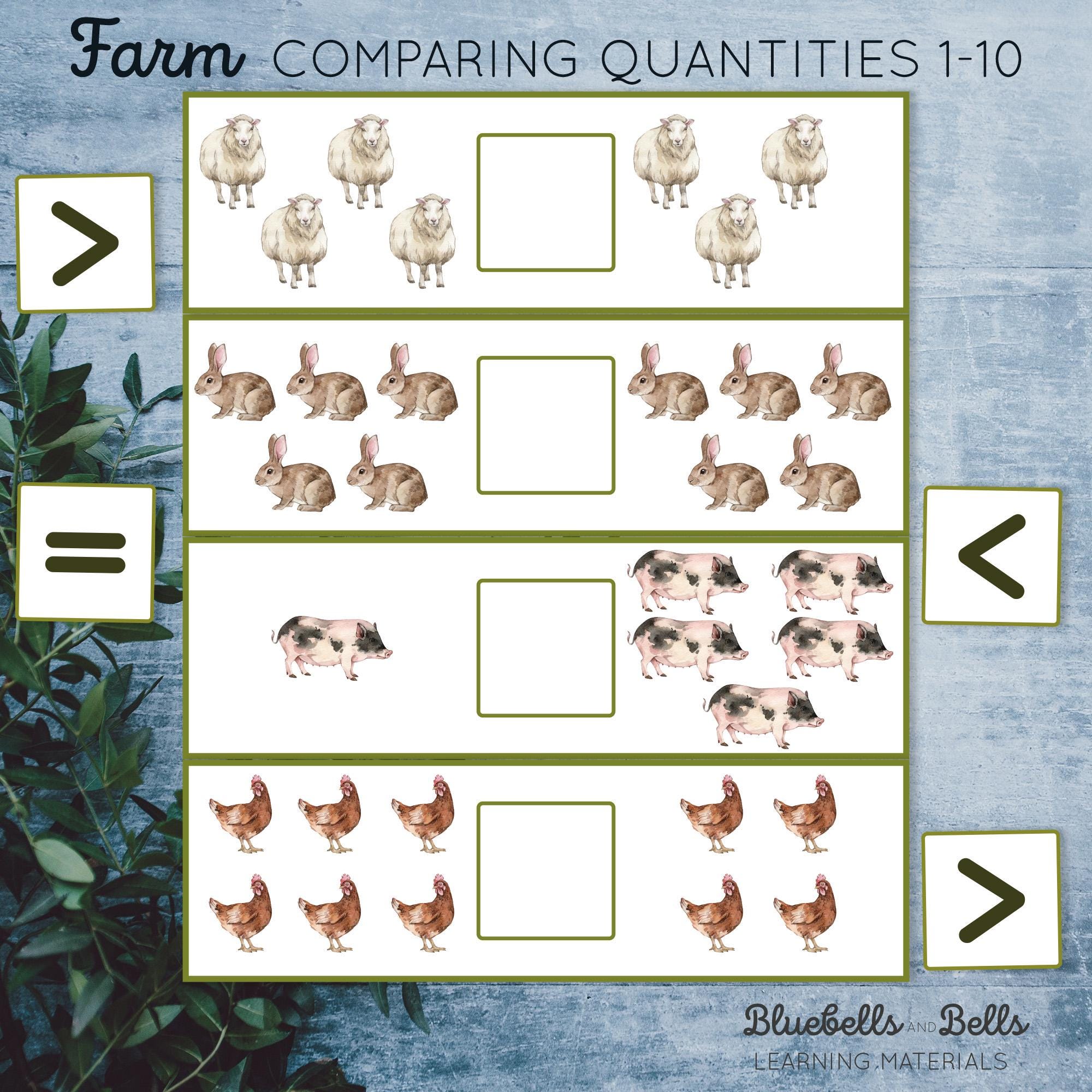 Farm Preschool Printable Comparing Numbers Cards. More Than, Less Than ...