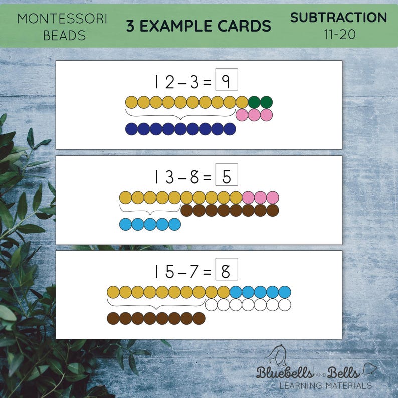 Montessori Bead Bars Subtraction 11-20 Task Cards. 1st Grade Math ...