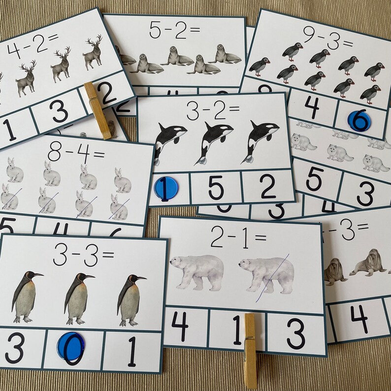 Winter Montessori Printable Count and Clip Cards Subtraction Polar ...