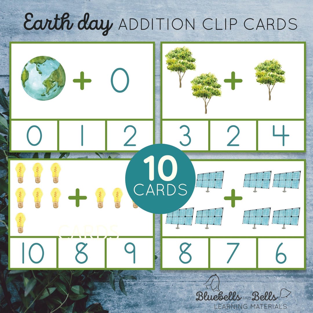 Earth Day Printable Count and Clip Cards Addition 1-10. Kindergarten ...