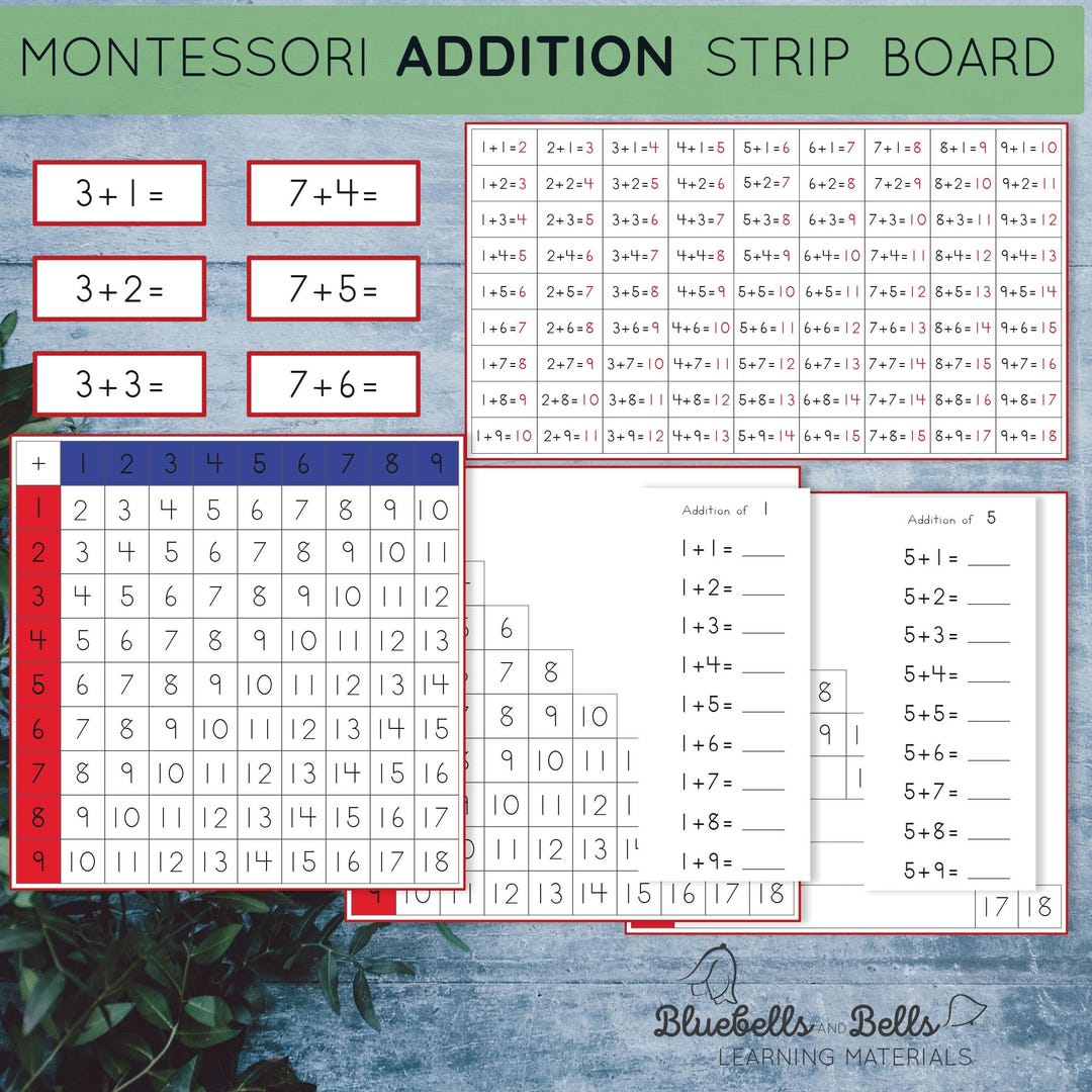 Montessori Addition Strip Board Printable Charts, Booklets, Equation ...