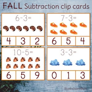 Fall Montessori Printable Subtraction Clip Cards 0-10. Preschool and ...