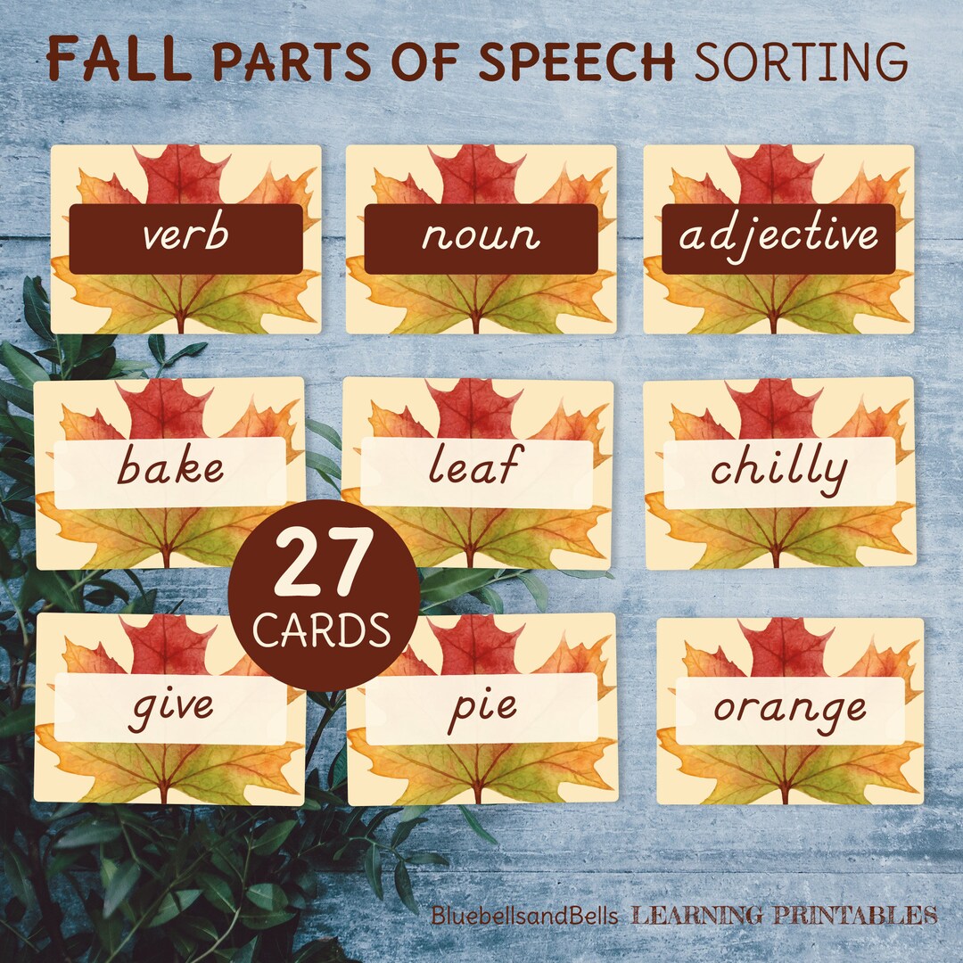 Fall Parts of Speech Sorting Printable Cards. Noun, Verb, Adjective ...