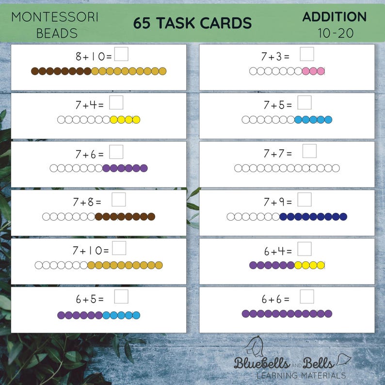 Montessori Beads Addition 10 -20. Addition With Carry Printable Cards ...