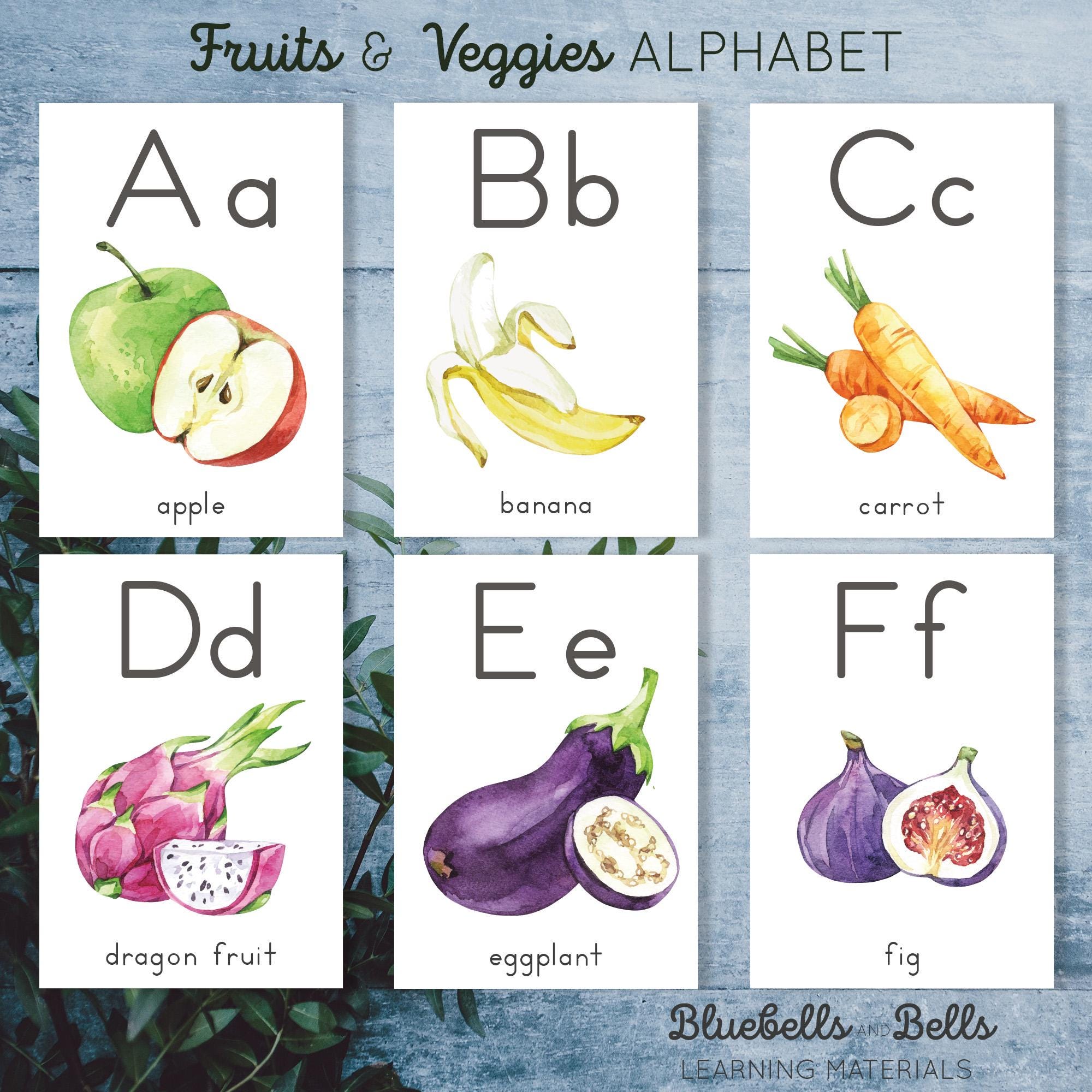 Alphabet Cards Fruits and Vegetables. Phonics Toddler and Preschool ...