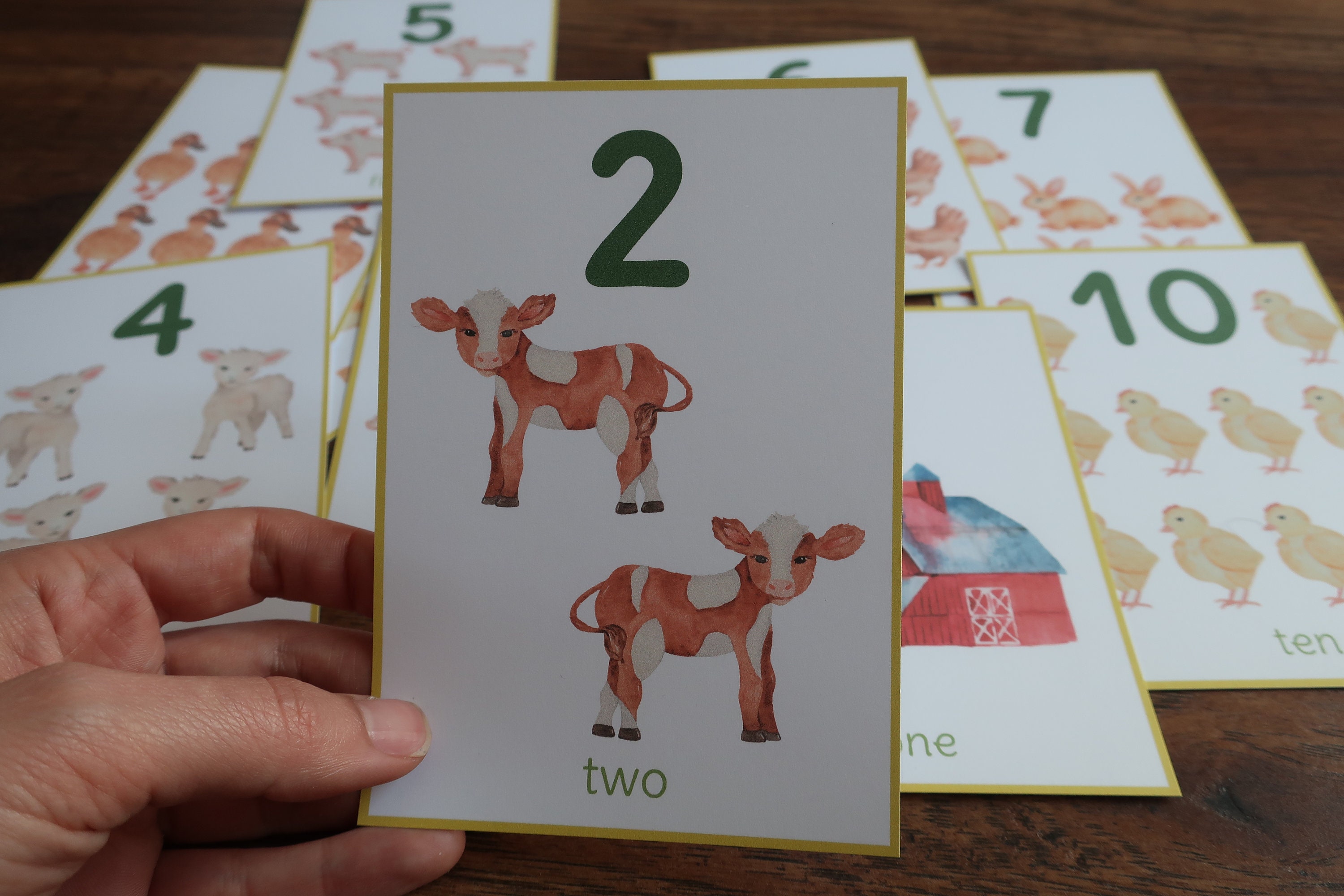 Farm animal number 1-10 flash cards. Toddler watercolor | Etsy