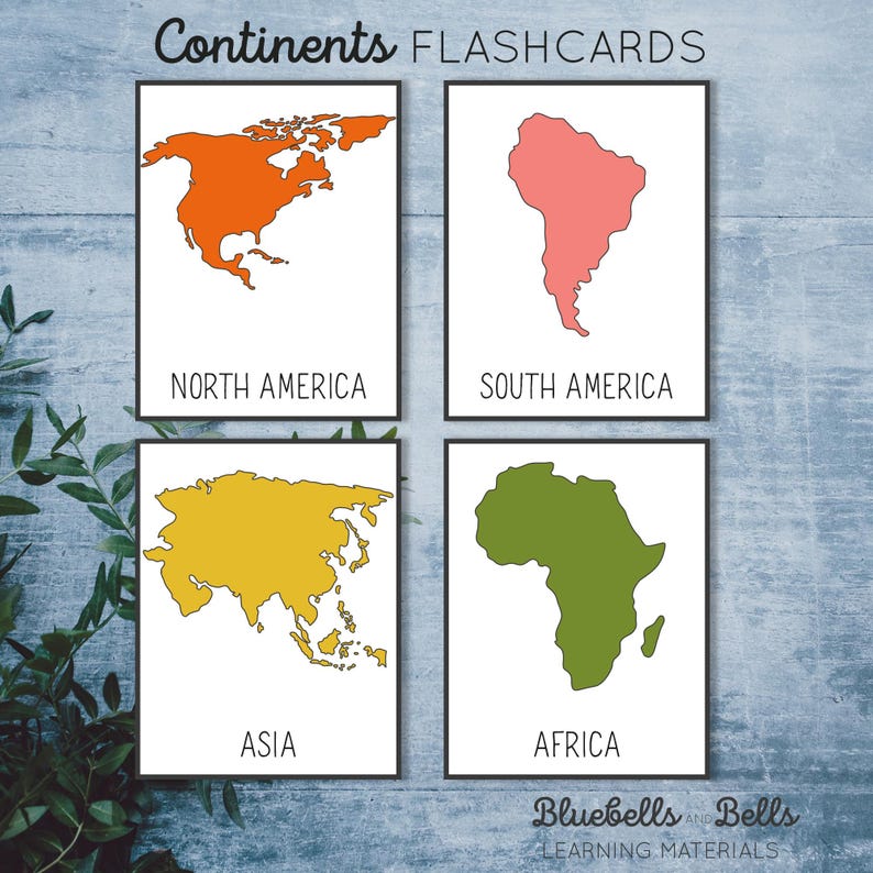 Continents Flash Cards and World Map. Montessori Printable for ...