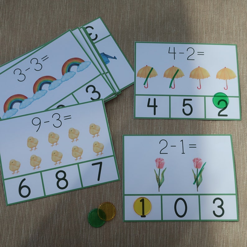Spring Montessori Printable Subtraction Clip Cards 1-10. | Etsy