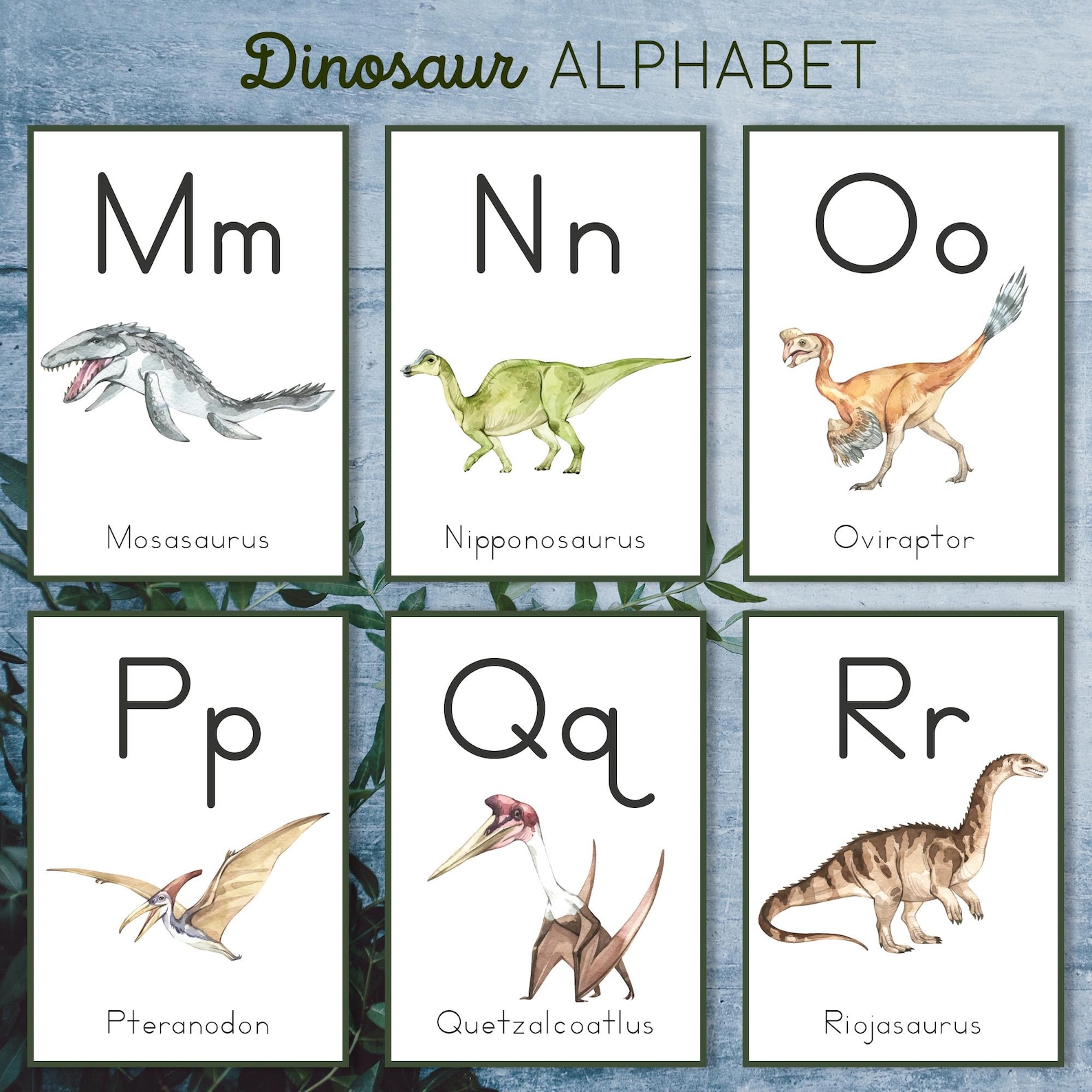 Dinosaur Alphabet Flashcards. Watercolor Letter Cards. Kids Printable ...
