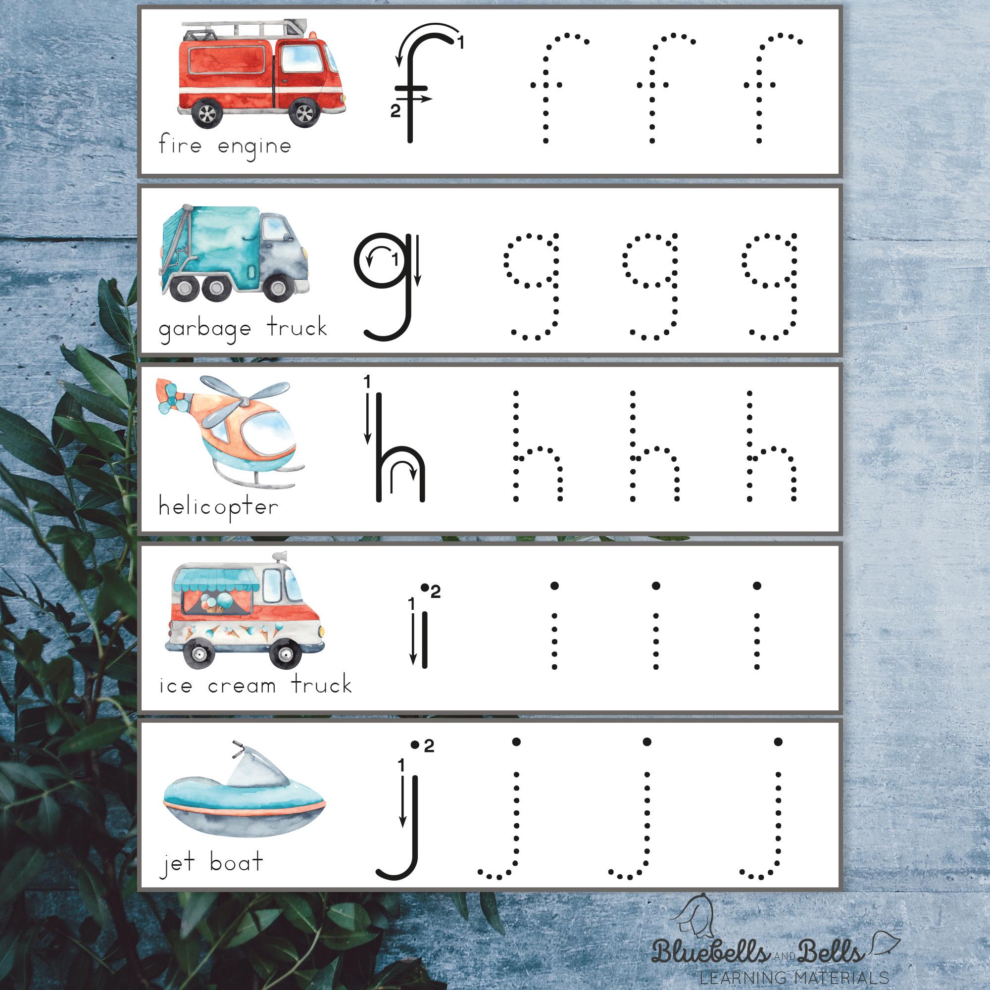 Transportation Alphabet Cards for Tracing. Lowercase Letter Handwriting ...