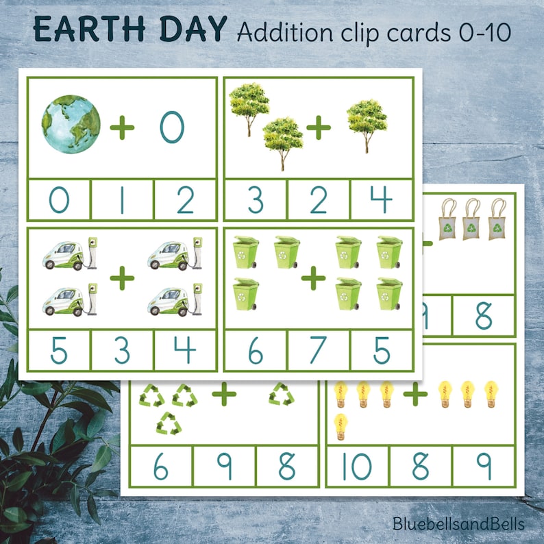Earth Day Printable Count and Clip Cards Addition 1-10. - Etsy