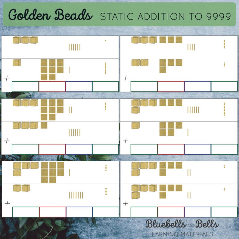 Montessori Golden Beads Addition Static to 9999 Task Cards. Extension ...