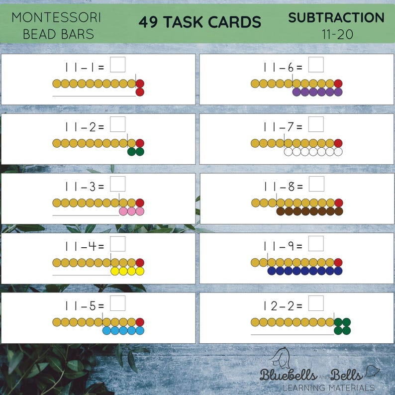 Montessori Bead Bars Subtraction 11-20 Task Cards. 1st Grade Math ...