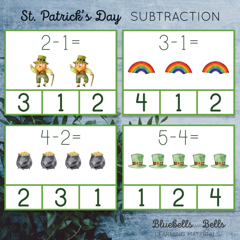 St. Patrick's Day Montessori Printable Clip Cards Subtraction 0-10 ...