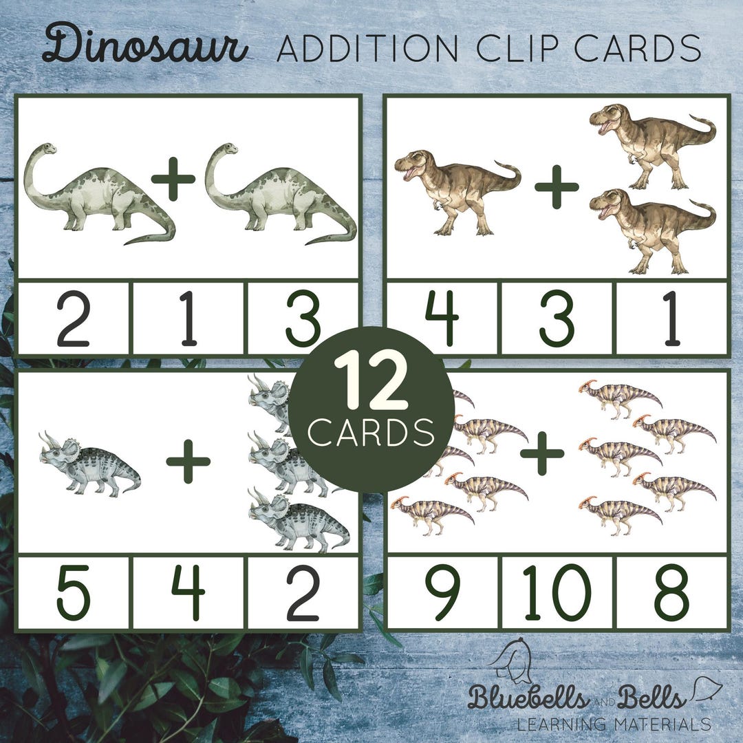 Dinosaur Count and Clip Cards Addition 1-10. Preschool and Kindergarten ...