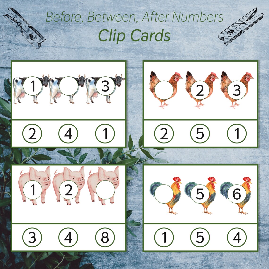 Farm Animal Number Sequence Clip Cards 1-10. Before Between - Etsy