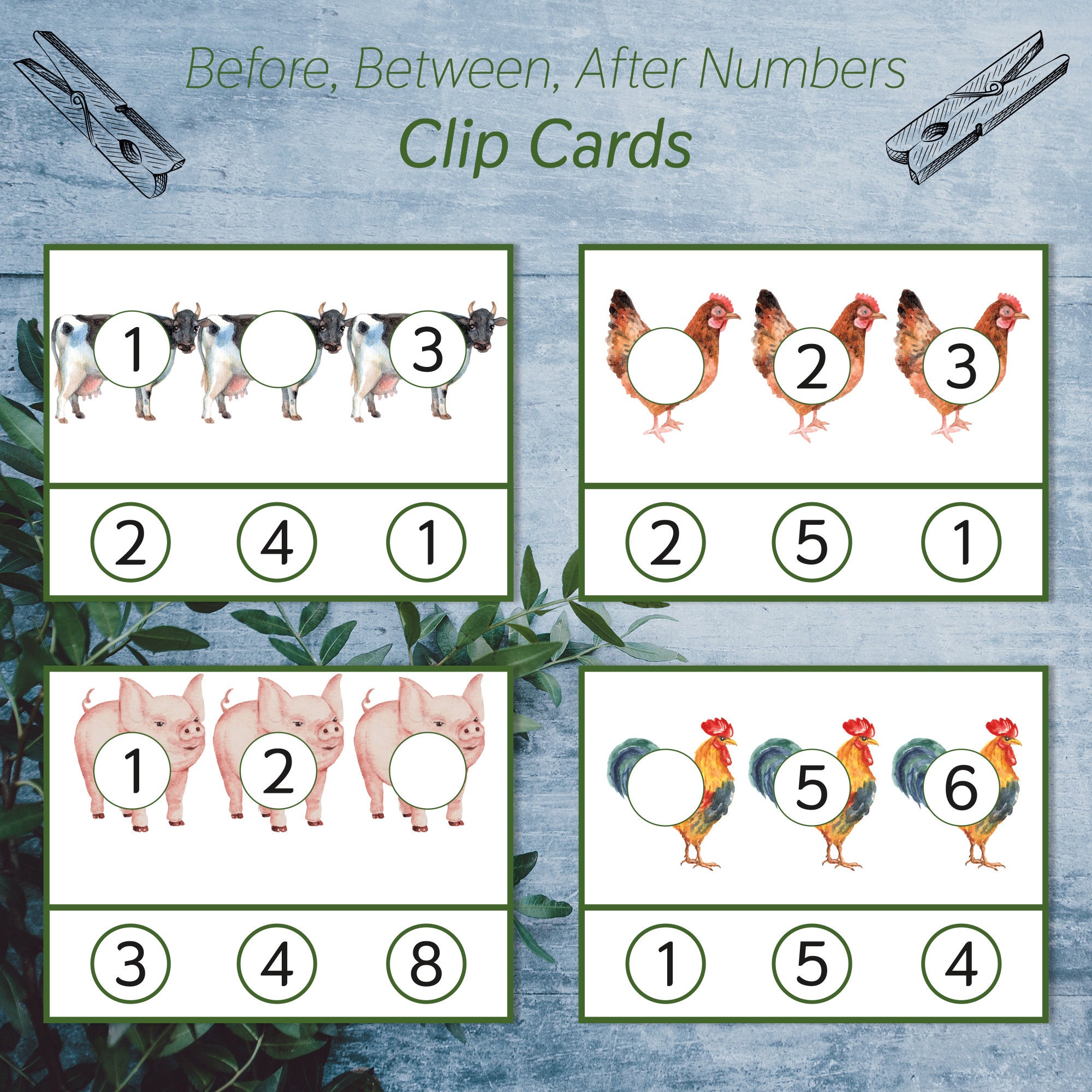 Farm Animal Number Sequence Clip Cards 1-10. Before Between - Etsy