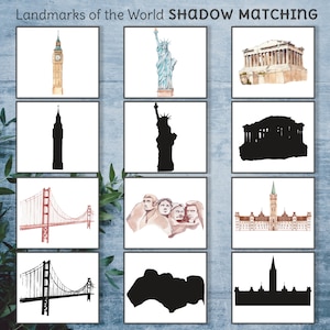 Preschool Shadow Matching Cards Landmarks of the World. Montessori ...