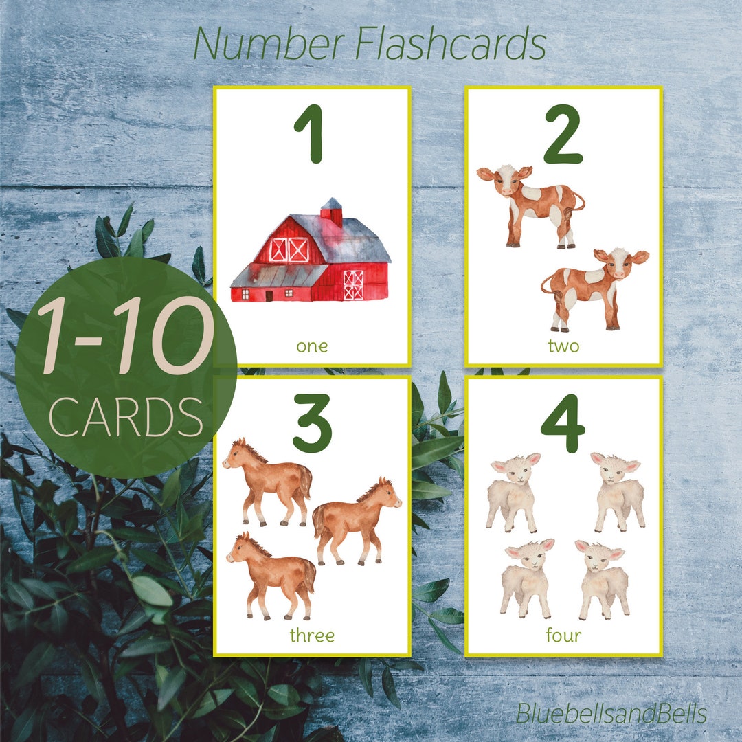 Farm Animal Number 1-10 Flash Cards. Toddler Watercolor Printable ...