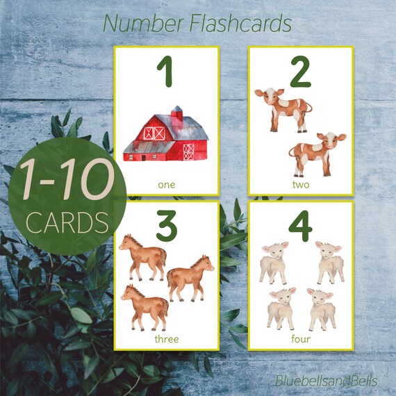 Farm animal number 1-10 flash cards. Toddler watercolor | Etsy