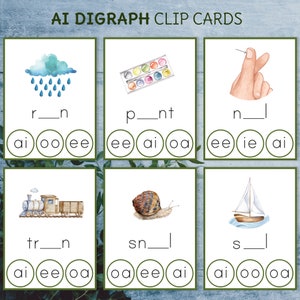 Digraphs Clip Cards Vowels. Montessori Green Series Phonics Printable ...