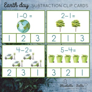 Earth Day Printable Count and Clip Cards Subtraction 1-10. Kindergarten ...