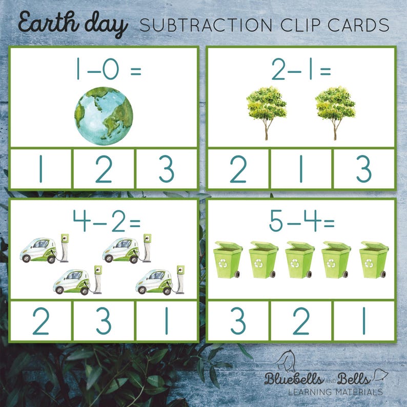 Earth Day Printable Count and Clip Cards Subtraction 1-10. Kindergarten ...