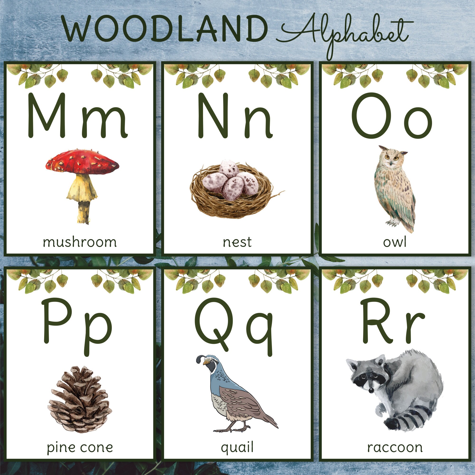 Woodland Alphabet Flashcards. Watercolor Letter Cards. Kids - Etsy