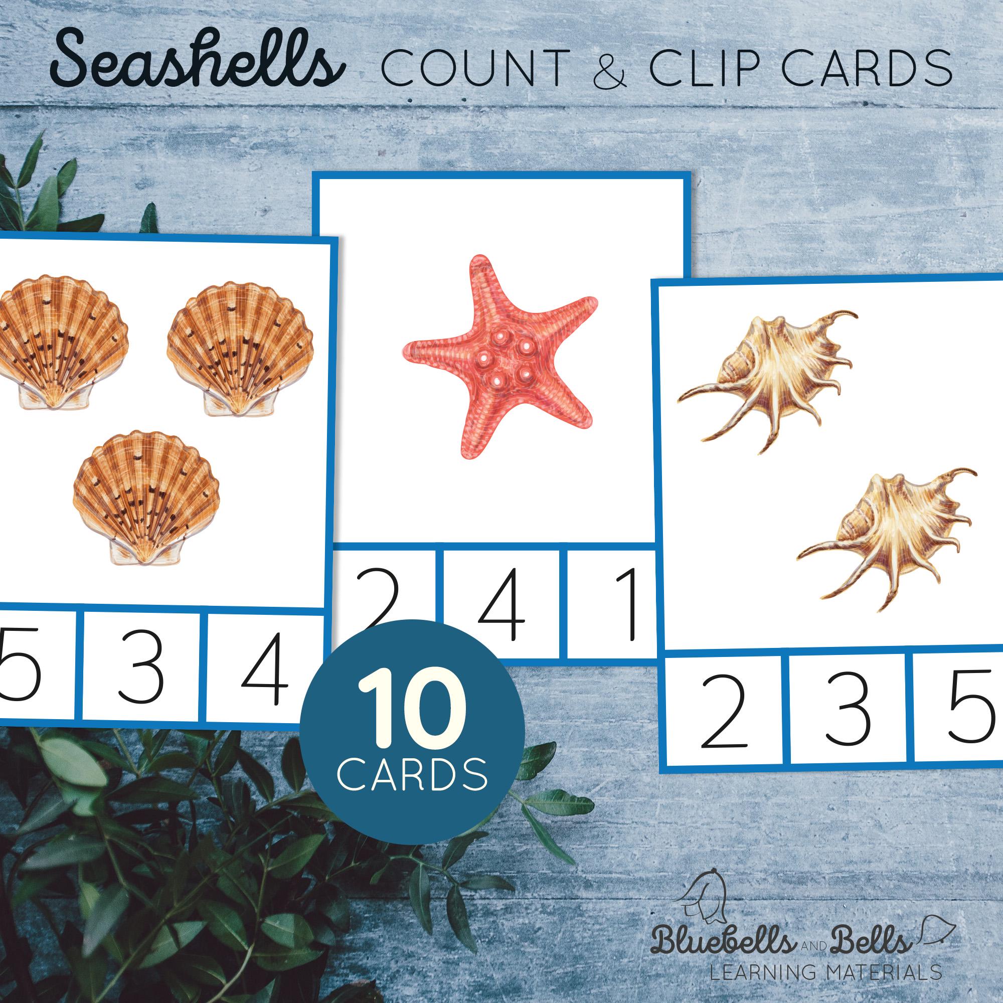 Seashell Count and Clip Cards 1-10. Montessori Ocean Printable ...