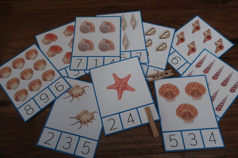 Seashell Count and Clip Cards 1-10. Montessori Ocean Printable ...