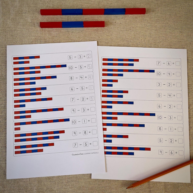 Montessori Subtraction Worksheets Number Rods. Kindergarten and 1st ...