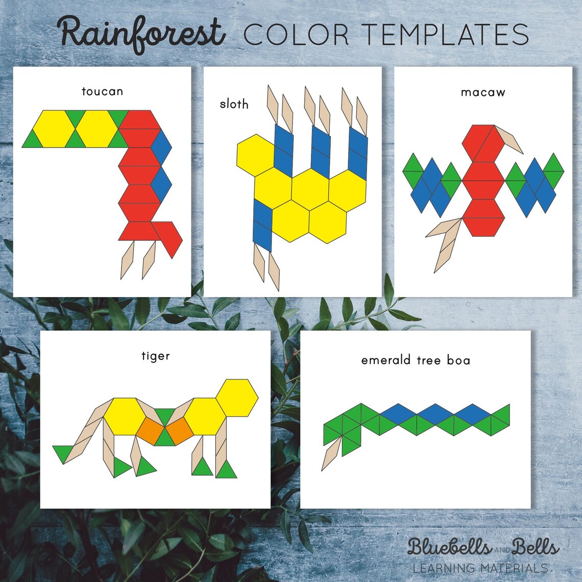 Rainforest Animals Pattern Blocks. Preschool Shape Matching Activity ...