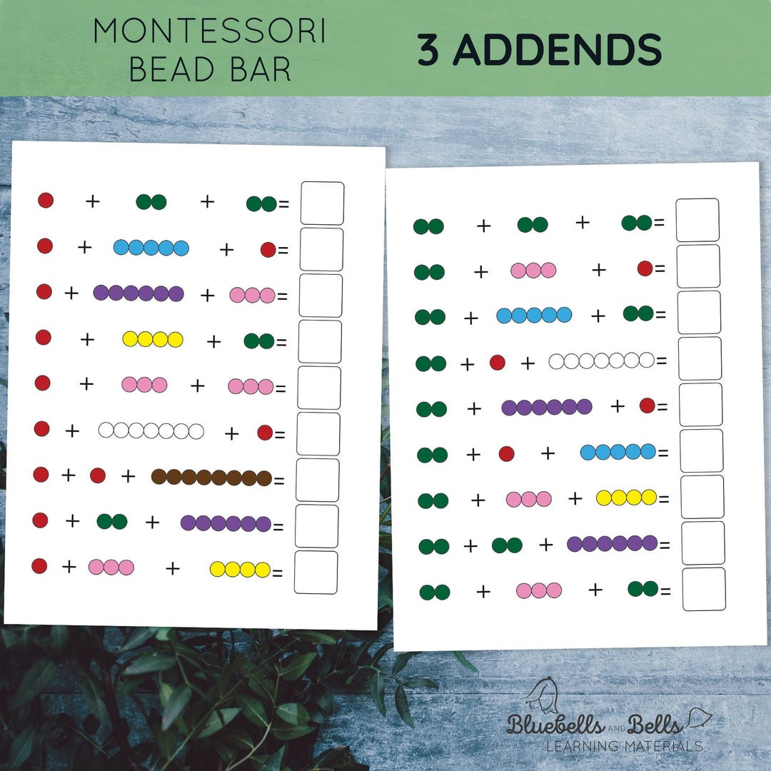Montessori Bead Bars Addition Worksheets 3 Addends. Montessori ...