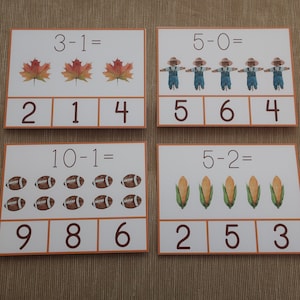 Fall Montessori Printable Subtraction Clip Cards 0-10. Preschool and ...