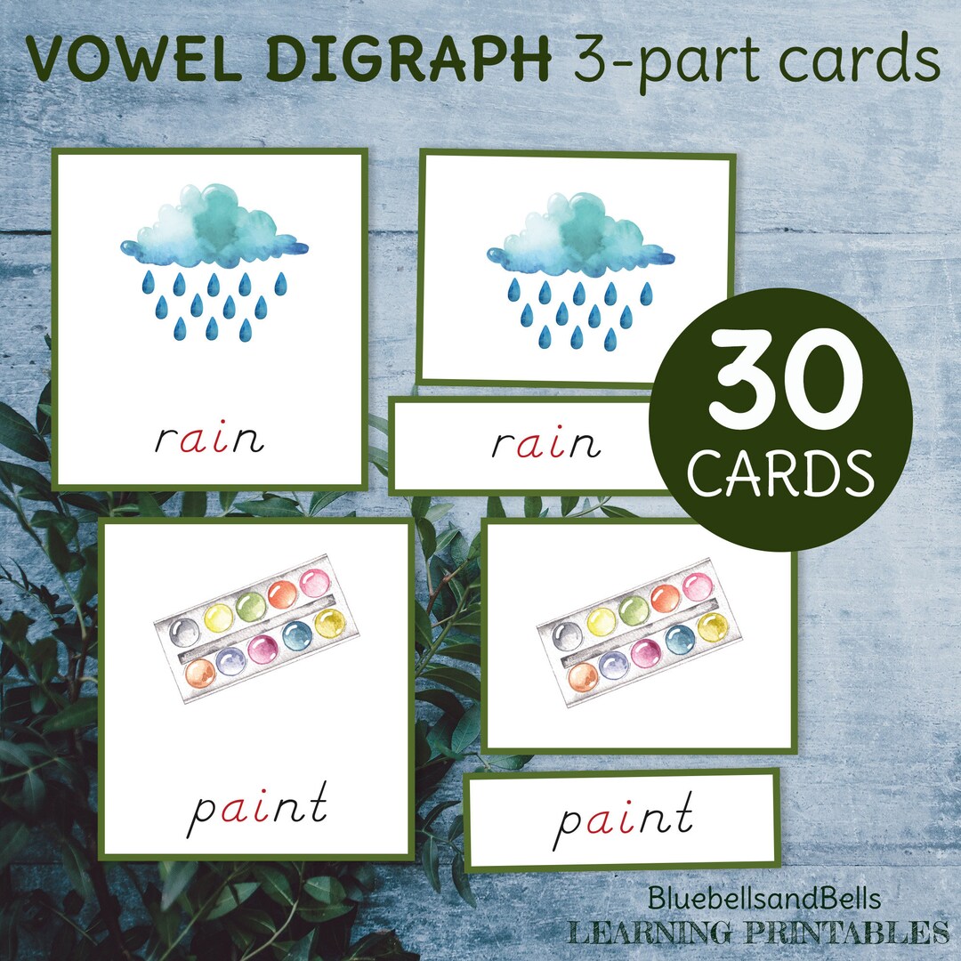 Montessori Phonics 3-part Cards Vowel Digraph. Green Series Printable ...