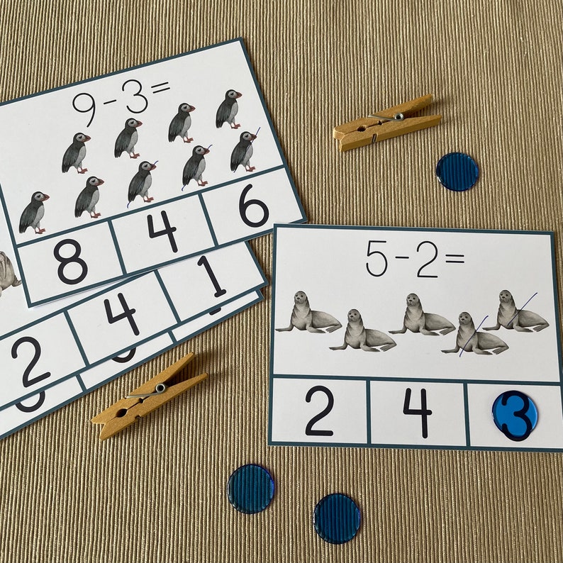 Winter Montessori Printable Count and Clip Cards Subtraction Polar ...