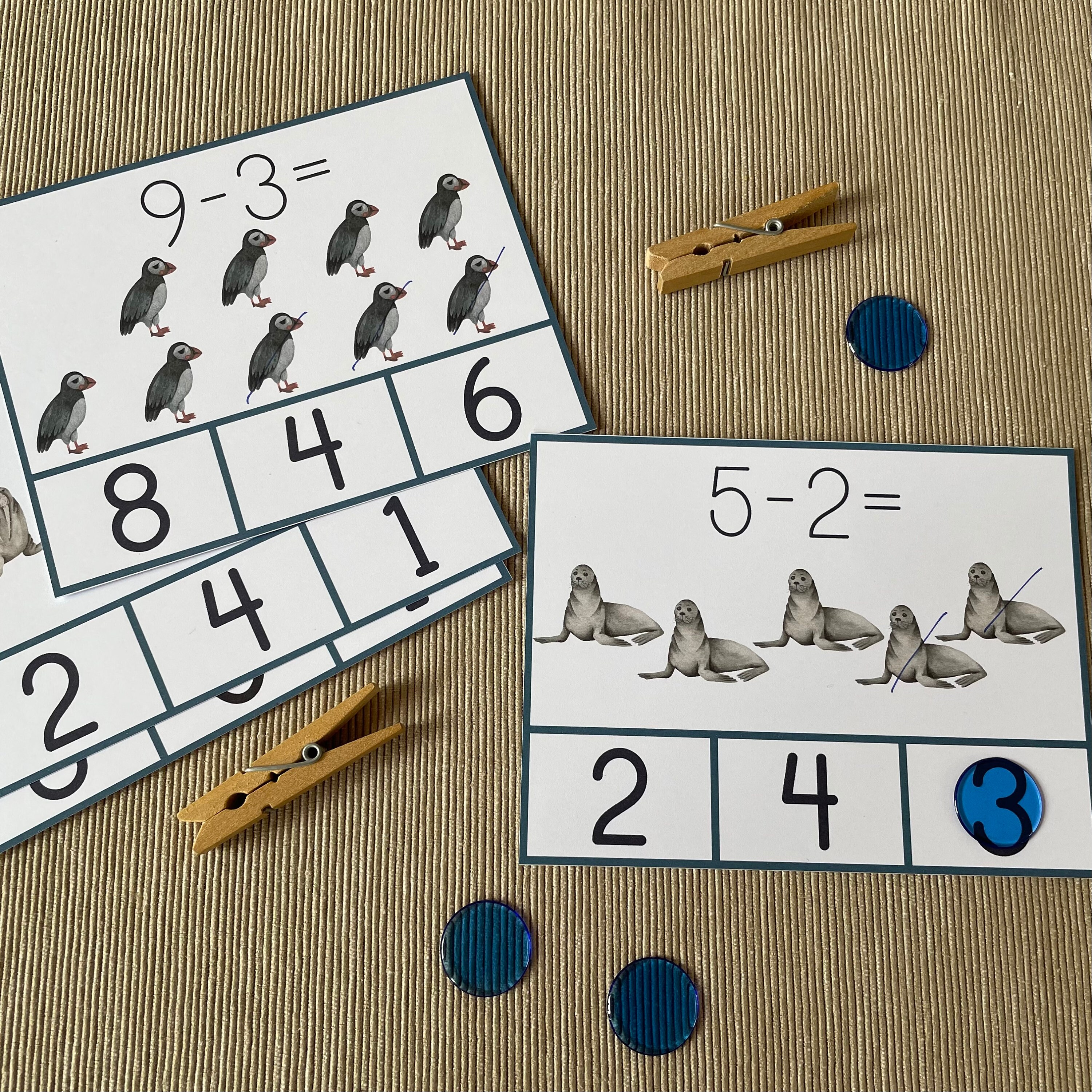 Winter Montessori Printable Count and Clip Cards Subtraction Polar ...