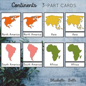 Continents Montessori Printable 3 Part Cards. - Etsy