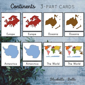 Continents Montessori Printable 3 Part Cards. - Etsy