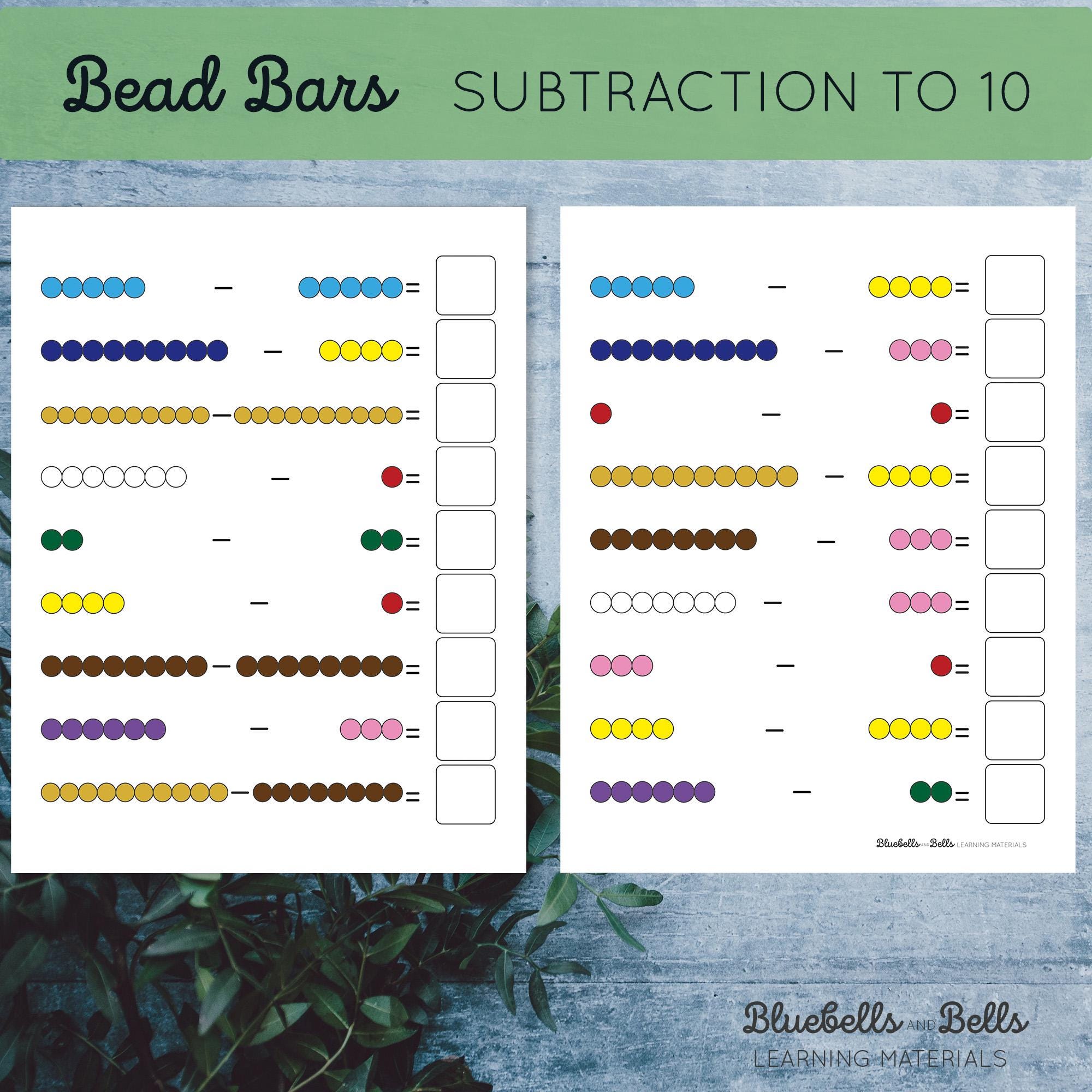 Montessori Bead Bar Subtraction to 10 Worksheets. - Etsy
