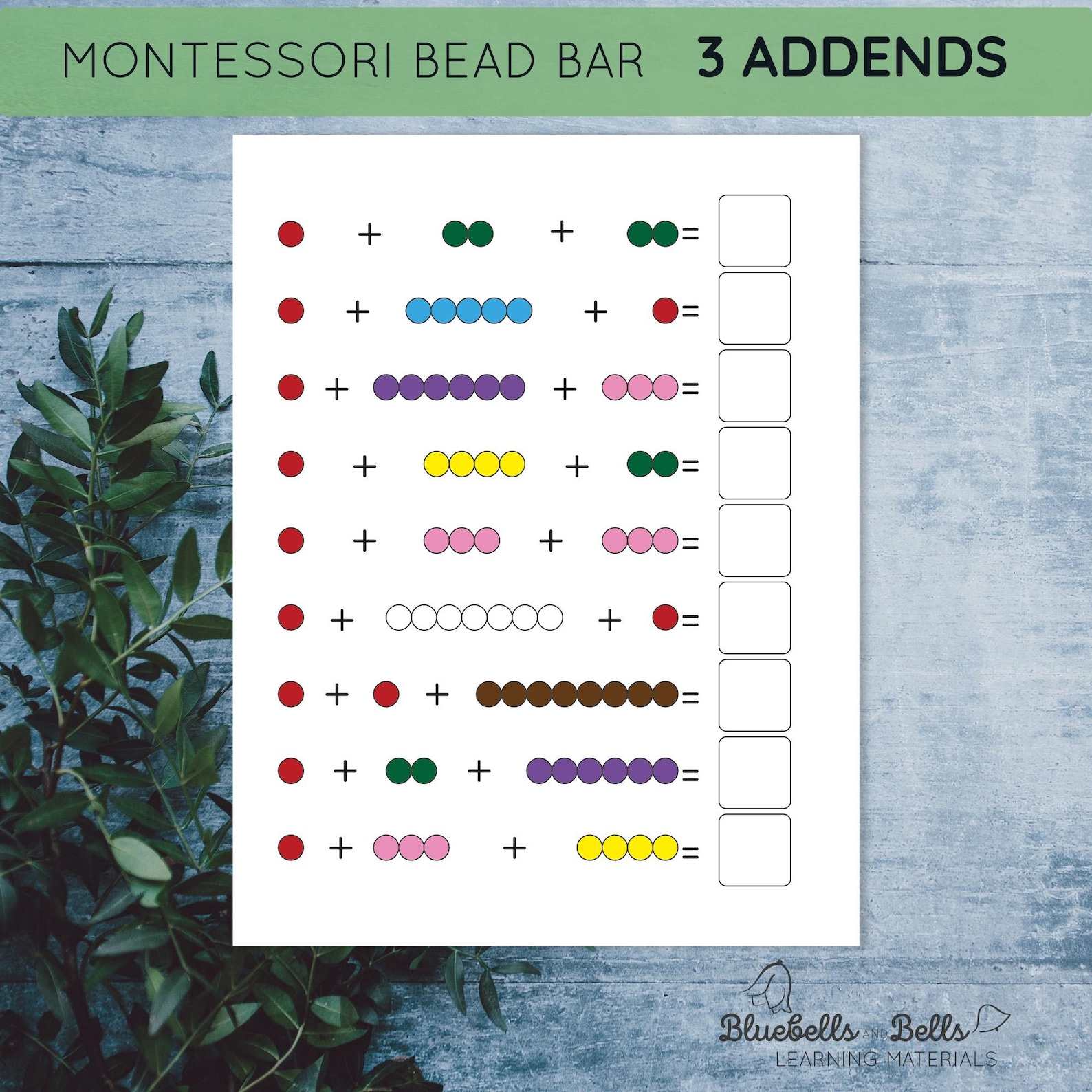 Montessori Bead Bars Addition Worksheets 3 Addends. Montessori Kindergarten and 1st Grade Math ...