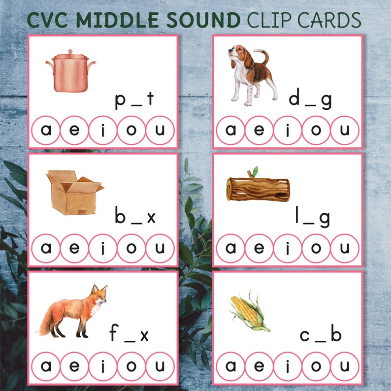 Montessori Phonics Printable CVC Word Clip Cards Middle Sound. - Etsy